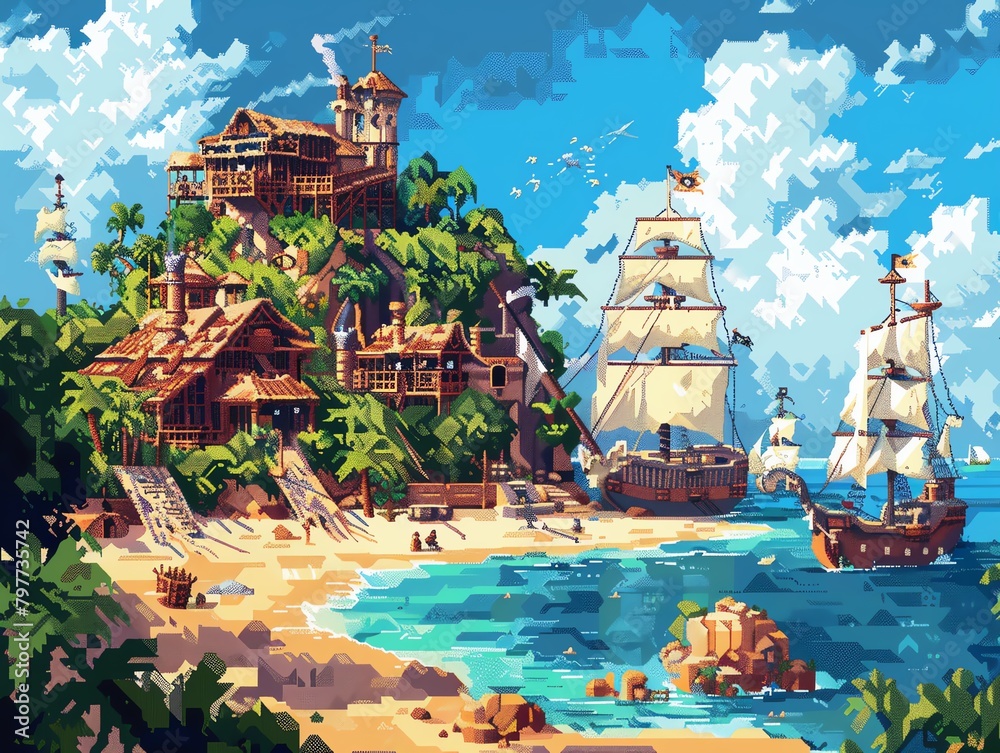 Pixelated treasure island with pirates digging and ships at anchor ...