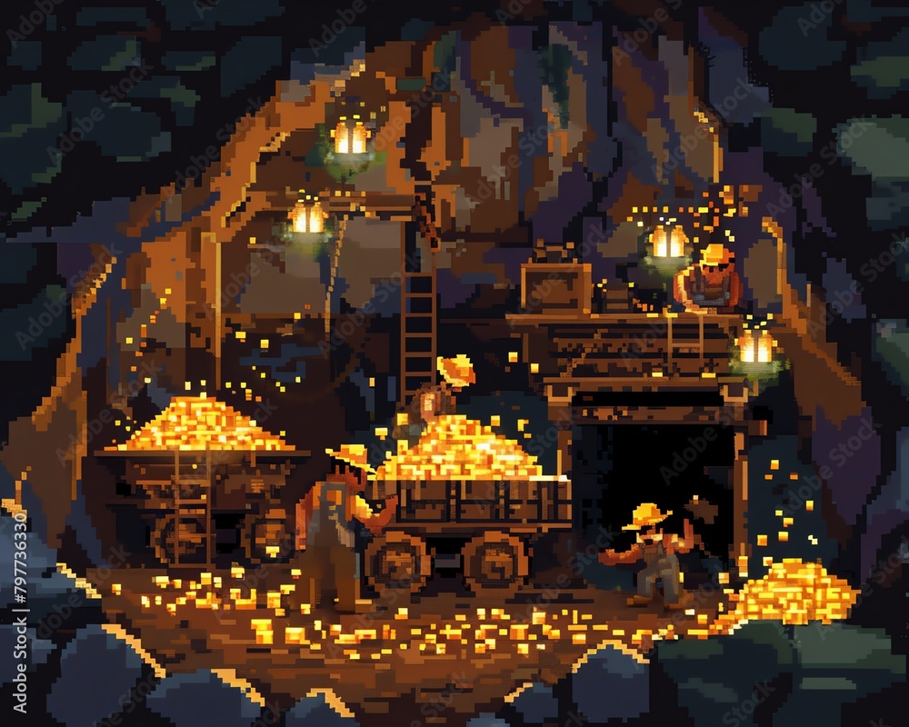 Retro pixel art gold mine with miners, carts, and gold nuggets Stock ...