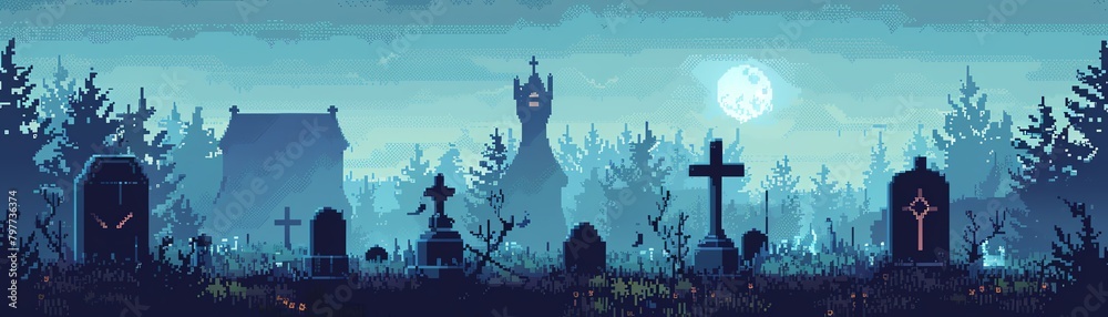 Retro pixel art haunted graveyard with ghosts, fog, and eerie ...