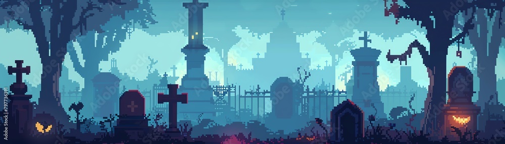 Retro pixel art haunted graveyard with ghosts, fog, and eerie ...