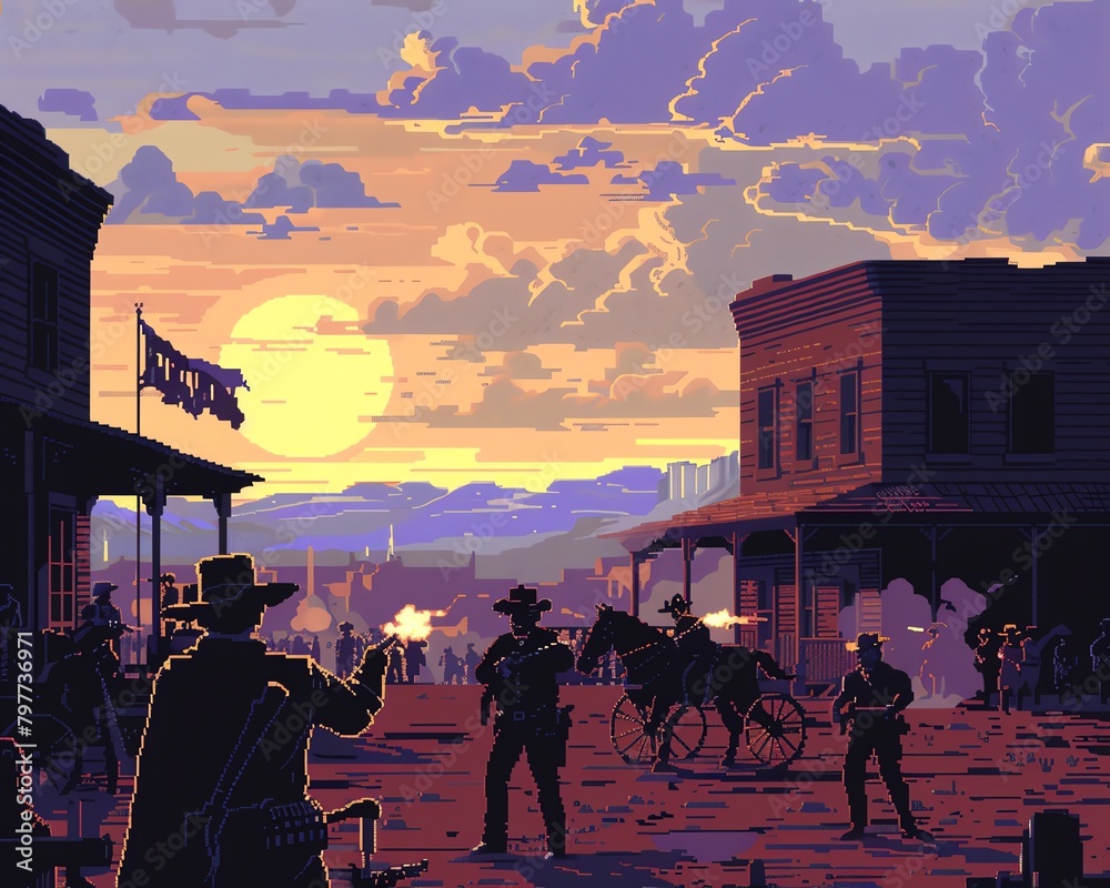 Retro pixel art wild west duel at high noon with cowboys and spectators ...