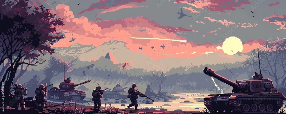 Retro pixel art World War II battle scene with soldiers and tanks Stock ...