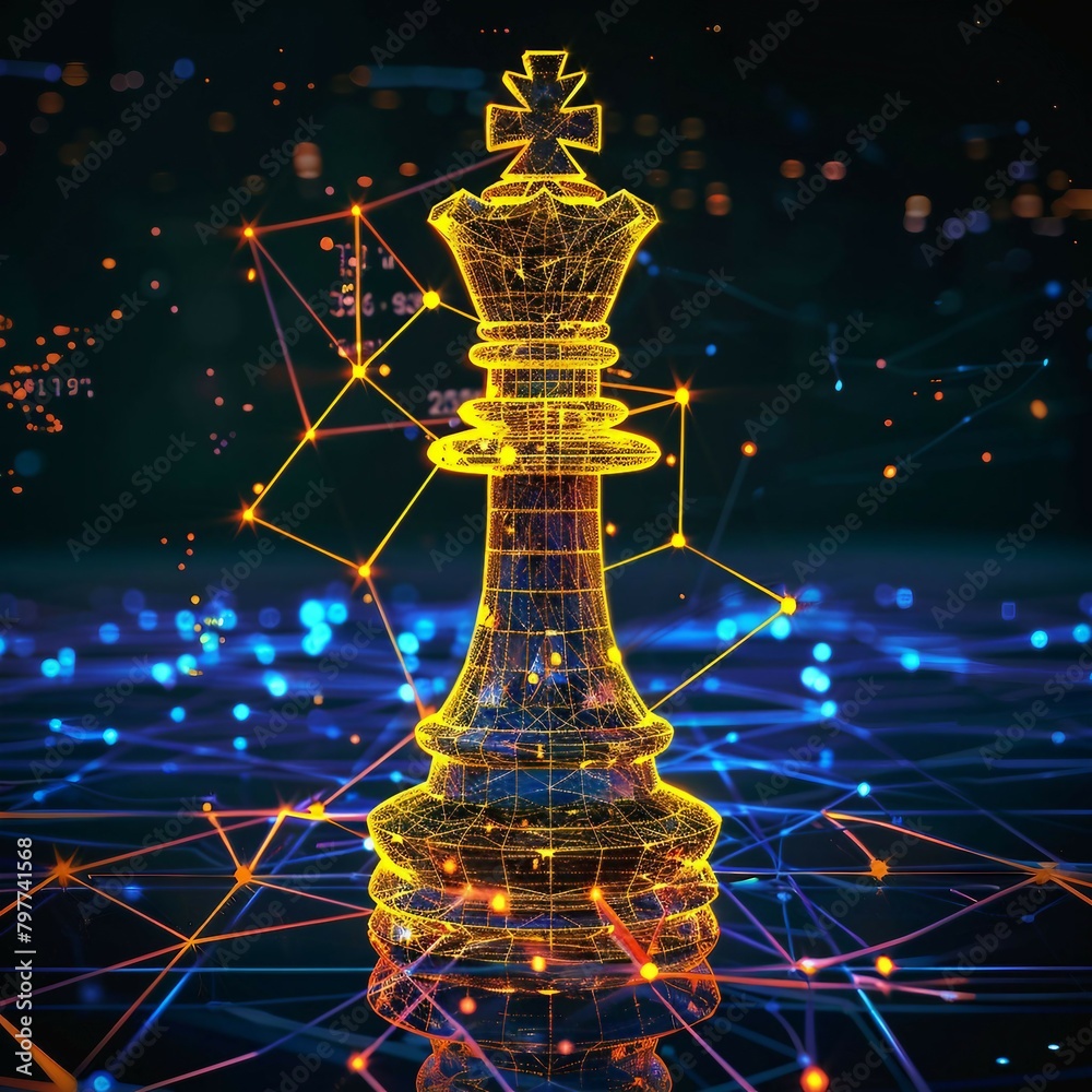 Technology in gaming, digital yellow low poly king chess pieces with ...