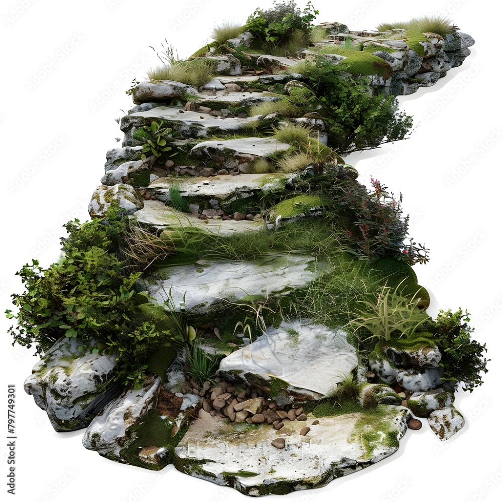 Cut out stairs made of large stone steps. Staircase lined with green ...