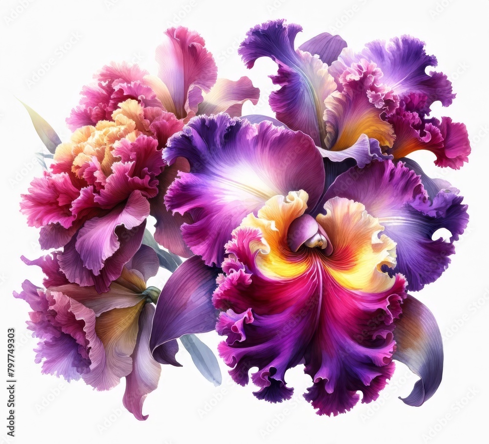 Dynamic Cattleya blossoms captured in bold watercolor strokes with a ...
