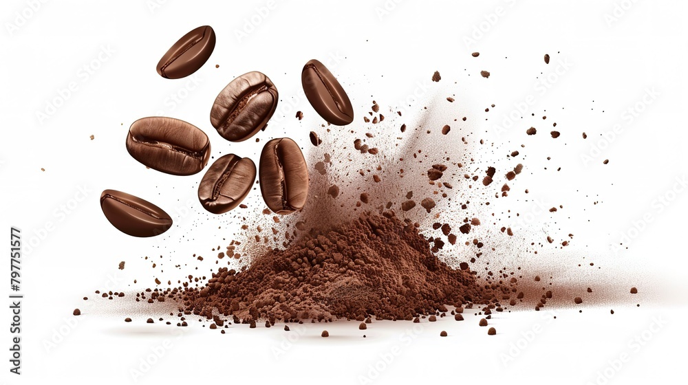 Dynamic explosion of coffee beans with ground coffee dust Stock ...