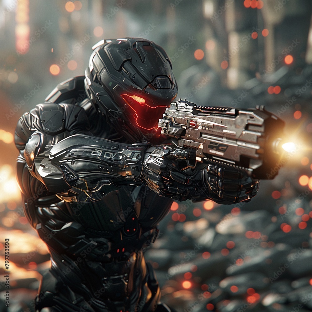 Imagine an actionpacked screenshot from a Triple A game, displaying ...