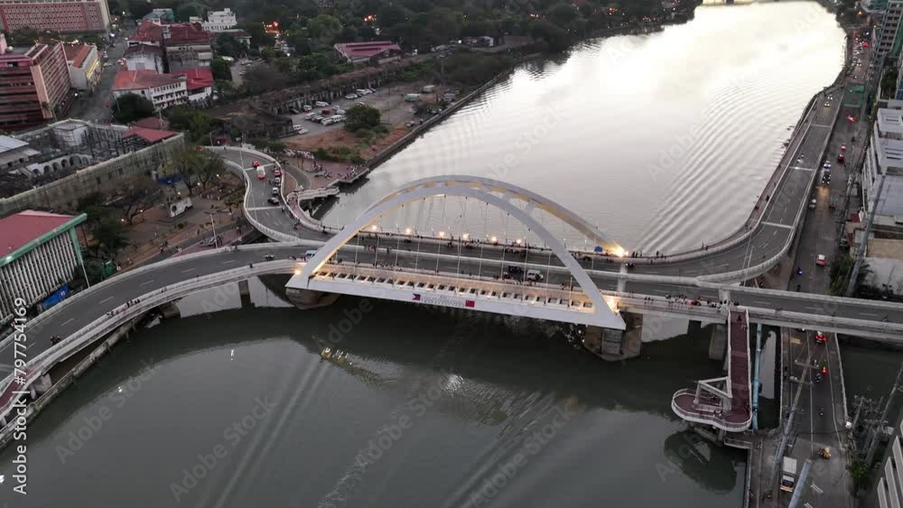 Drone shot of the Binondo Intramuros Bridge spans the Pasig River at ...