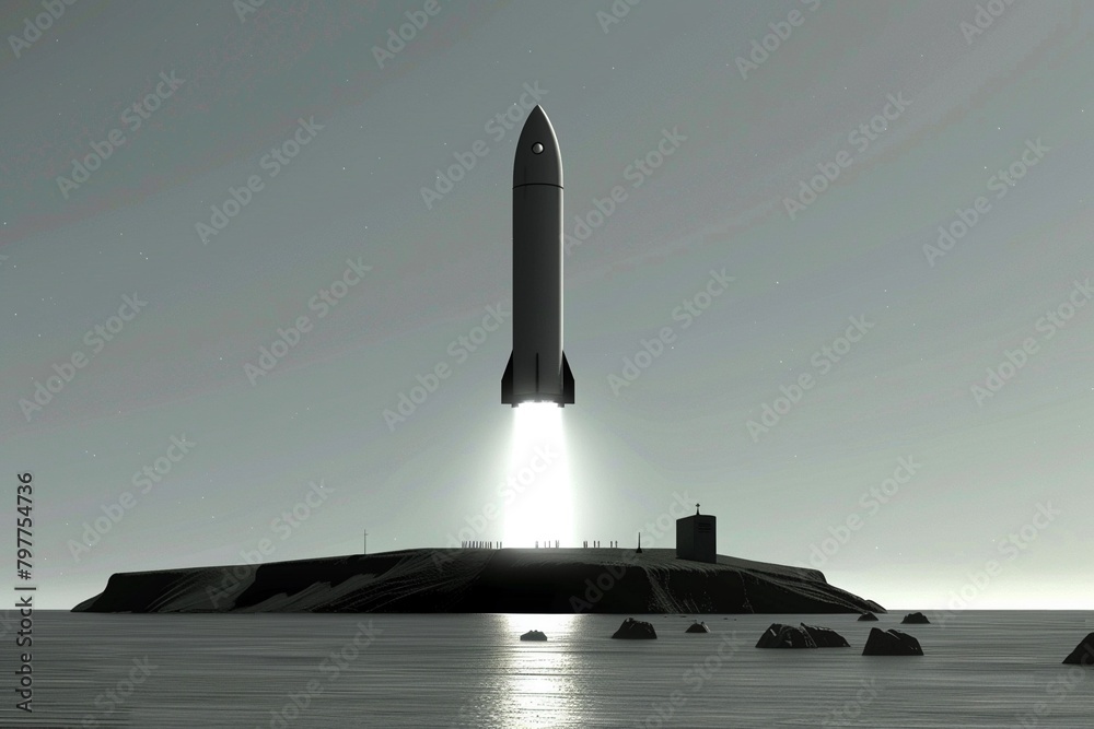 Picture a monumental scene of a space rocket ascending from Earth, its ...