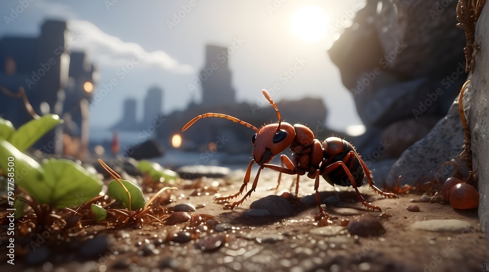 Detailed "Ant's Labor": Show the industrious ant painstakingly building ...
