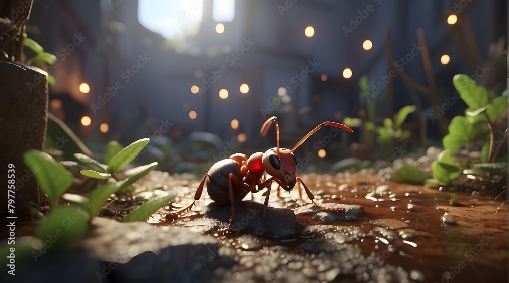 Detailed "Ant's Labor": Show the industrious ant painstakingly building ...