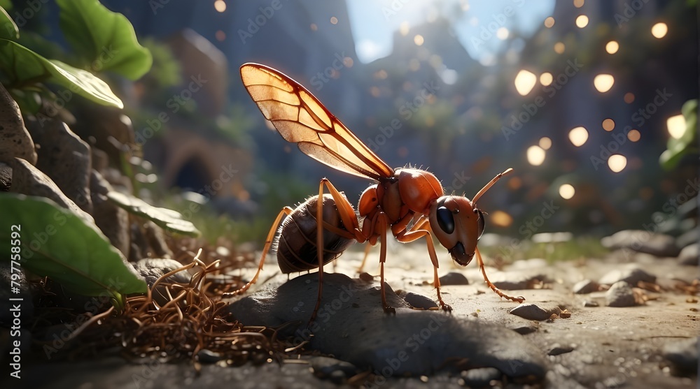 Detailed "Ant's Labor": Show the industrious ant painstakingly building ...