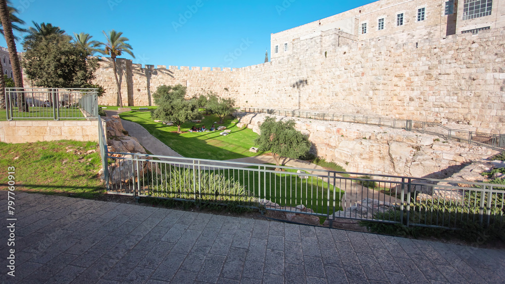 Defensive wall of the ancient holy Jerusalem timelapse hyperlapse, lit ...