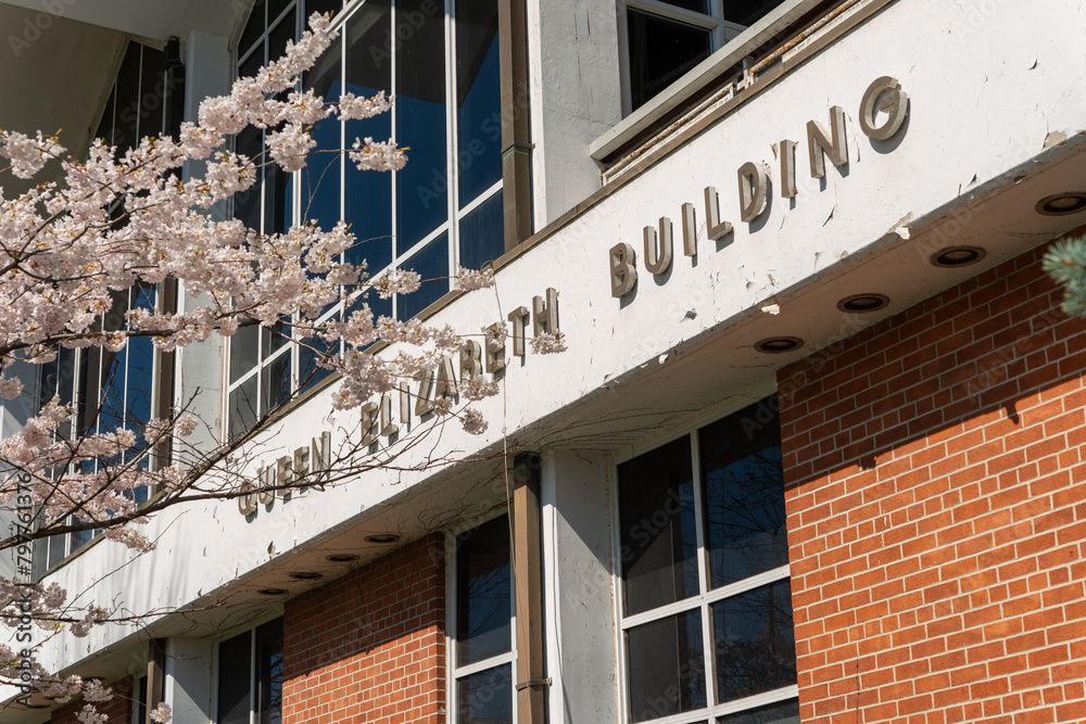 sign outside Queen Elizabeth Building on the grounds of Exhibition ...