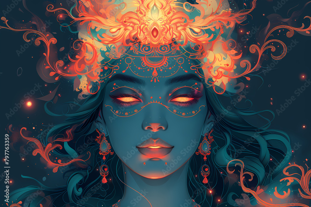Indian Goddess Kali Maa on dark blue background. Goddess Durga Face ...