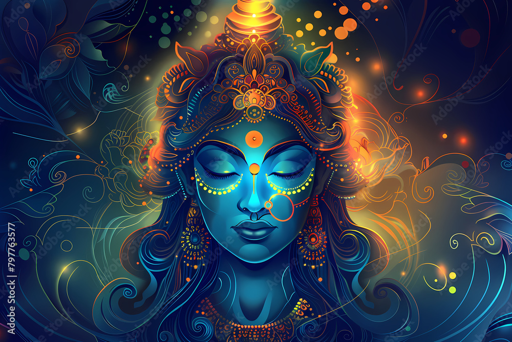 Indian Goddess Kali Maa on dark blue background. Goddess Durga Face ...