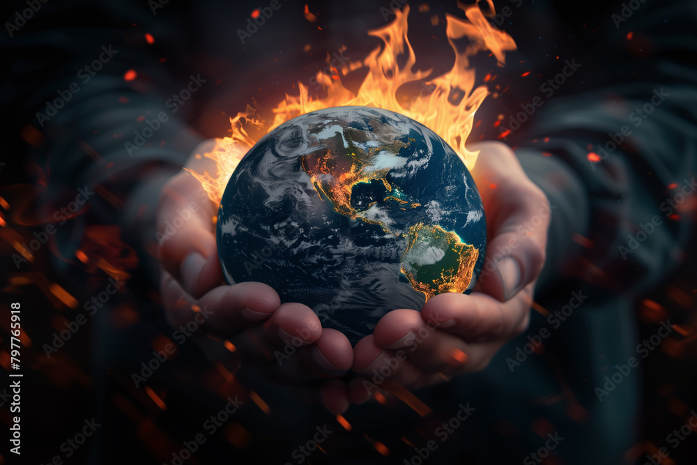 ภาพประกอบสต็อก Hands holding Earth globe burning into flames, America ...