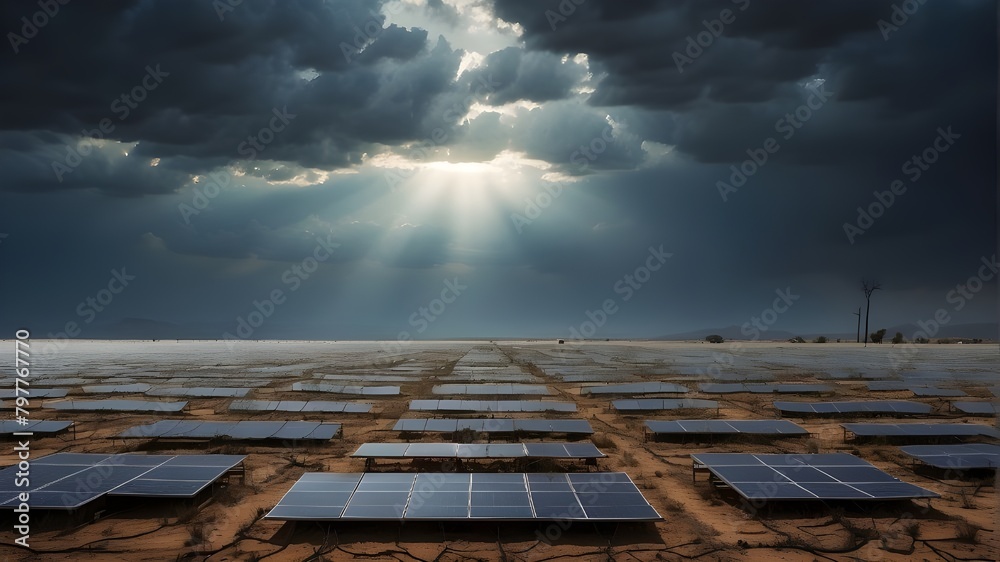 "An evocative portrayal of a solar panel array amidst a parched ...
