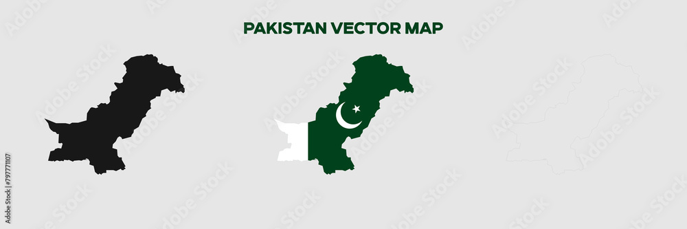 Pakistan Map Vector Pack. Map with Flag. Gray Map Silhouette. Gray ...