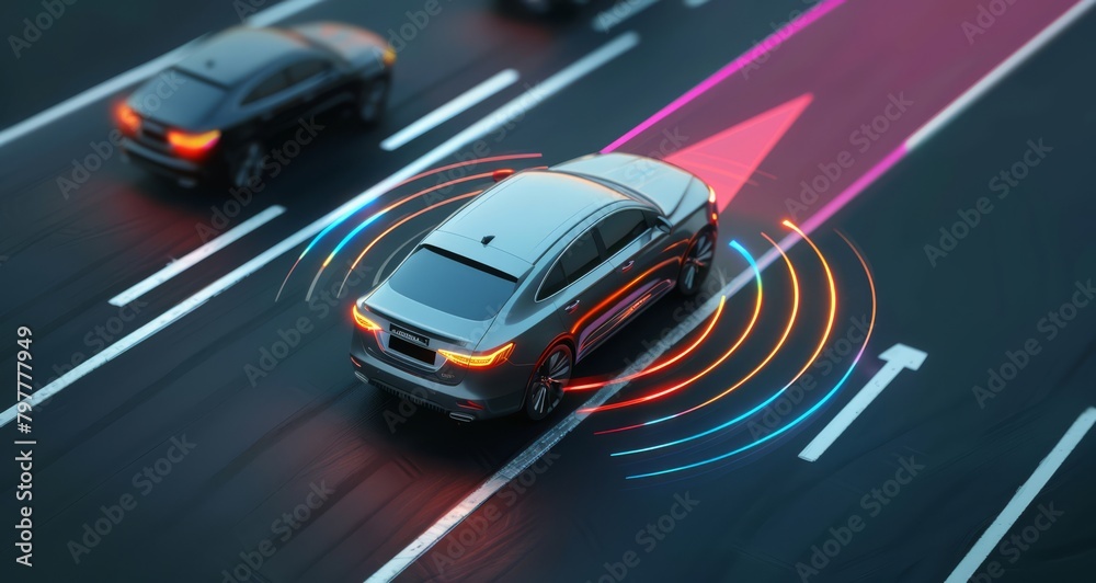 A silver car driving on the road, with an arrow pointing to it and ...