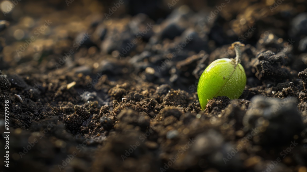 A single green seed lying on dark, rich earth. Photographed with a Sony ...