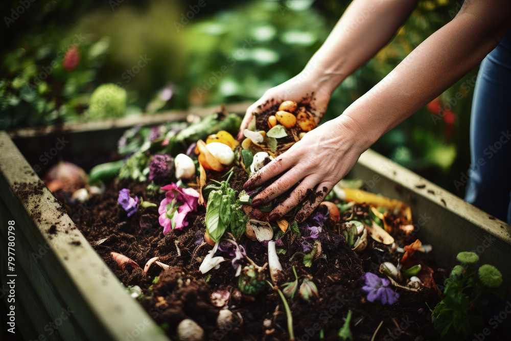 Hand puts organic trash to homemade vermicomposter box to processing ...