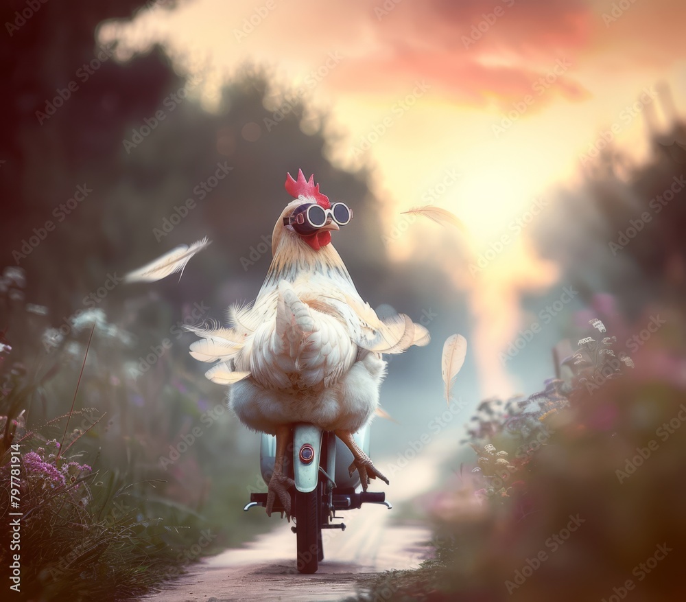 Ecstatic spring chicken riding a motorcycle wearing goggles, feathers ...