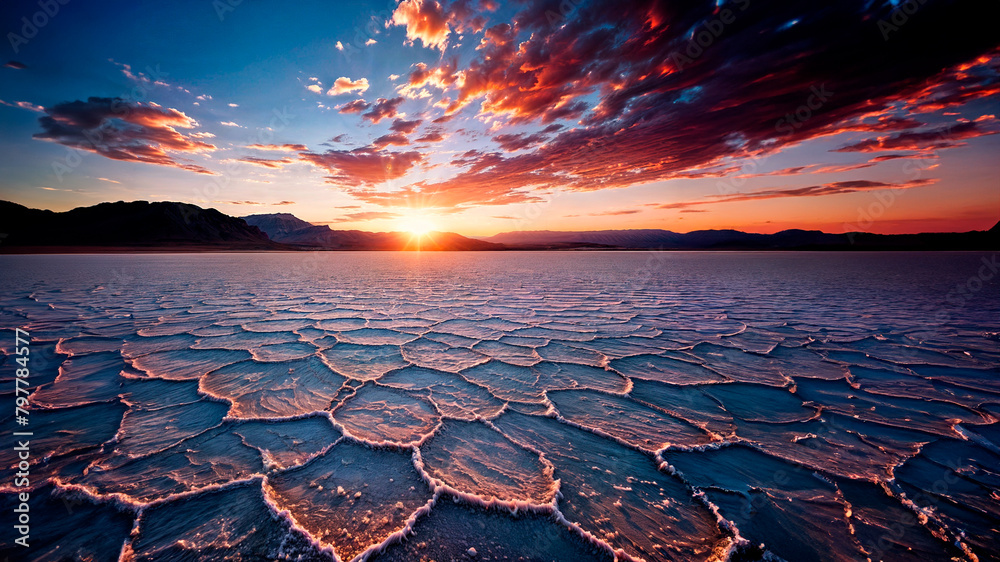 Reflections in the desert salt flat at sunset. Sunrise in the desert ...