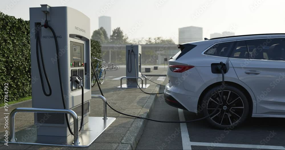 Generic electric car charging at station dock point in parking lot near ...