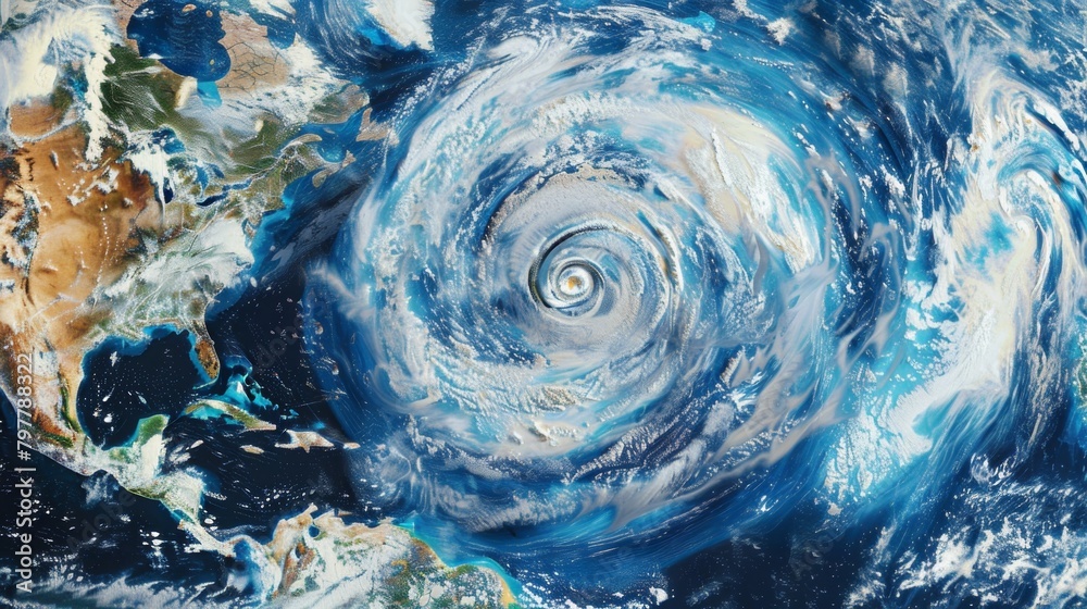 A satellite view of a massive hurricane over the ocean, showcasing a ...