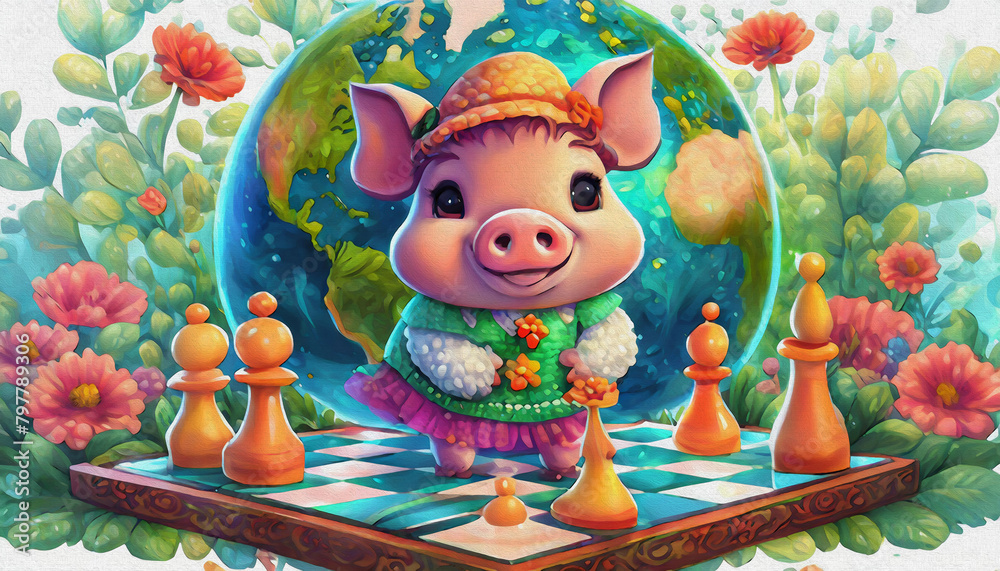 oil painting style CARTOON CHARACTER CUTE baby pig in game of chess ...