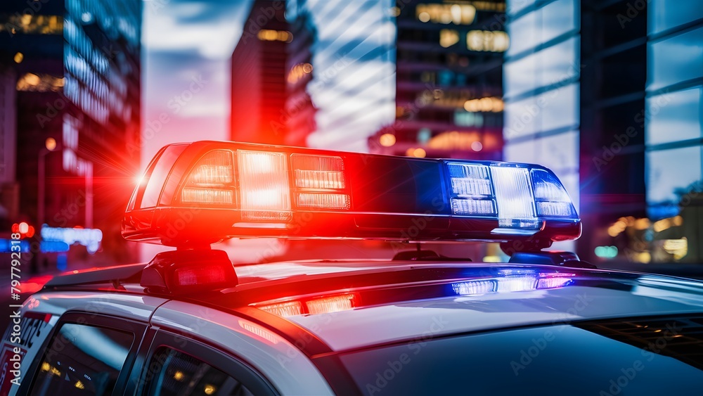 A close-up view of a police vehicle's roof, with its emergency lights ...