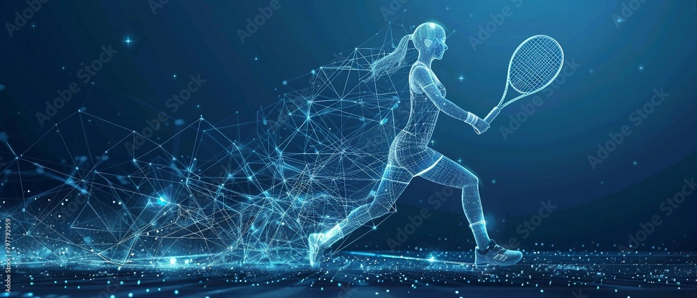 technology in tennis sports, digital blue low poly tennis player with ...