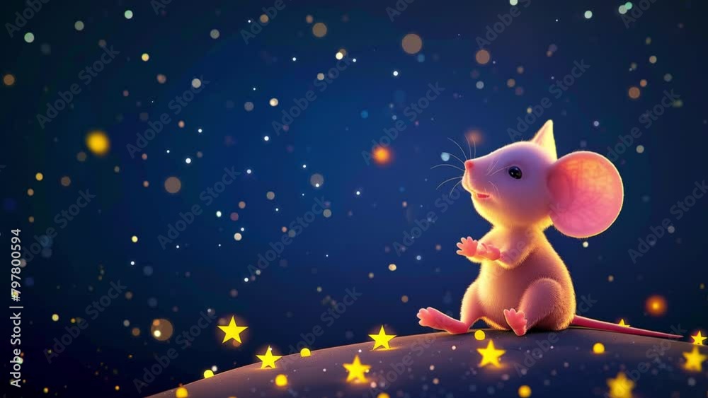 Cute cartoon animal, 3d art style, bokeh background. Stylized little mouse. Moon and stars ...