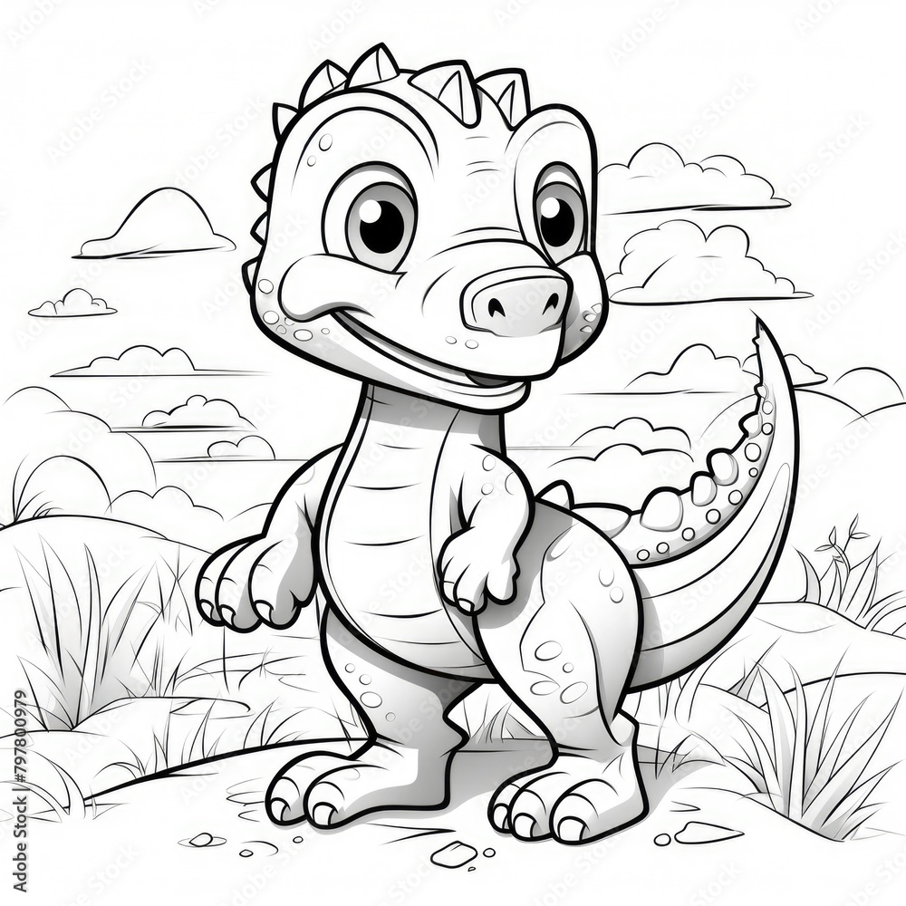Cute dino in nature coloring page. Funny dinosaur character, ink ...