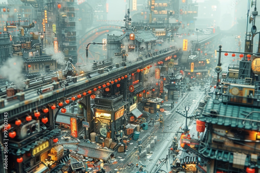 3D animation depicts a modern Asian city full of dirt and garbage with ...