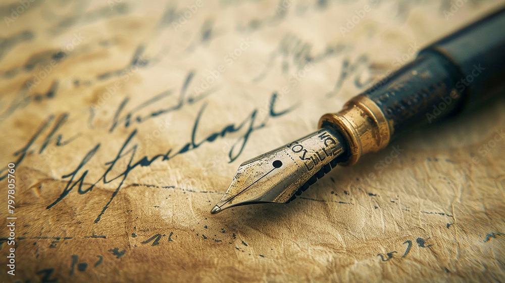 Fountain pen on an antique handwritten letter. Vintage nib pen and ...
