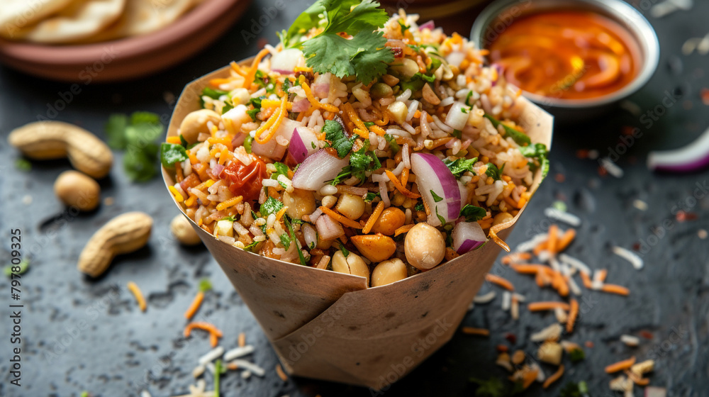 A paper cone of bhel puri with puffed rice, sev, peanuts, onions ...