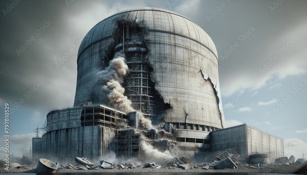 Close-up of a damaged nuclear power plant reactor building. There are ...