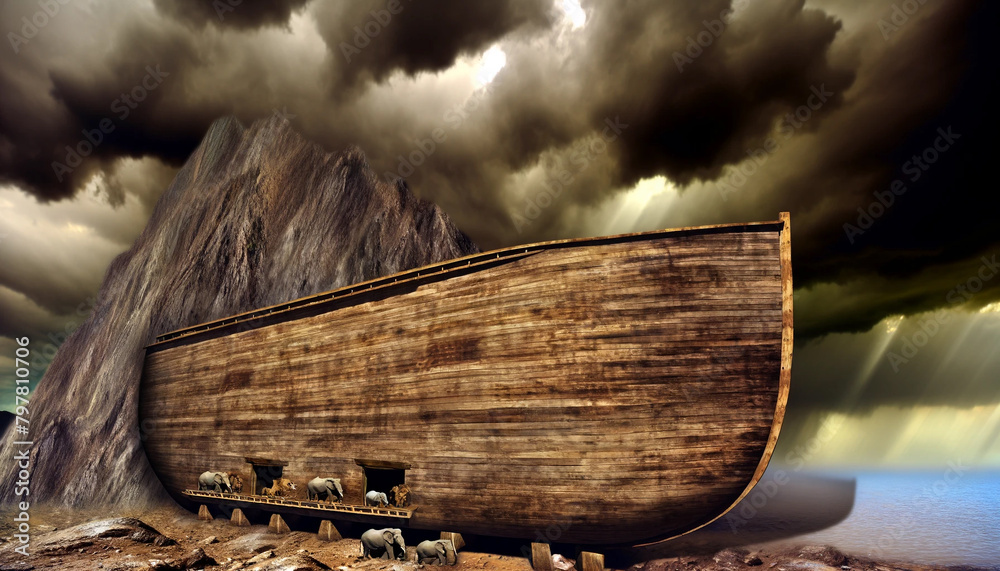 Ilustracja Stock: Scene of Noah's Ark anchored in a calm sea. The ark ...