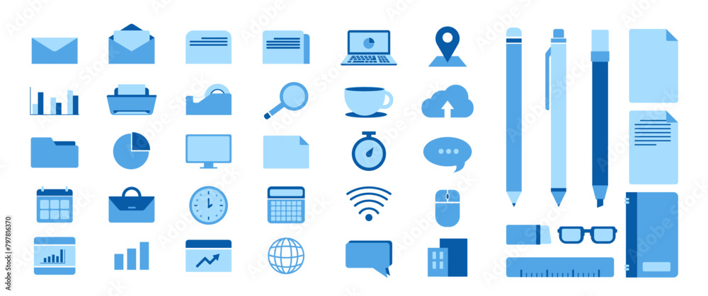 Blue Vector Icons for Business and office theme in Flat style, Graphics ...