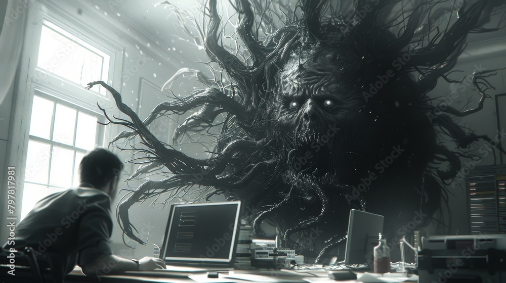 A programmer is sitting at his desk, looking at a computer screen ...