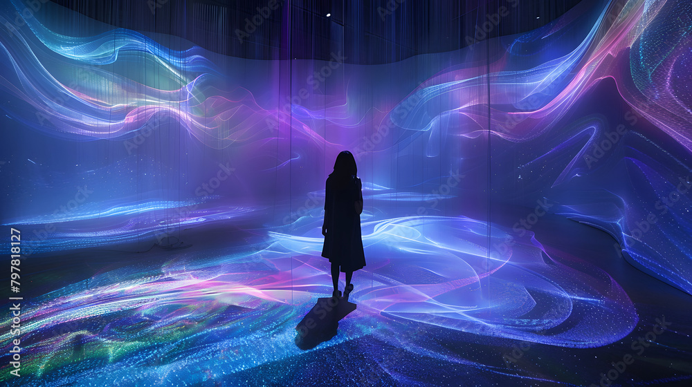 In an immersive exhibition space. digital projections of flowing light ...