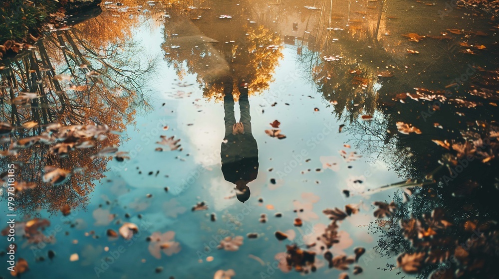 The image displays the reflection of a person standing near a body of ...