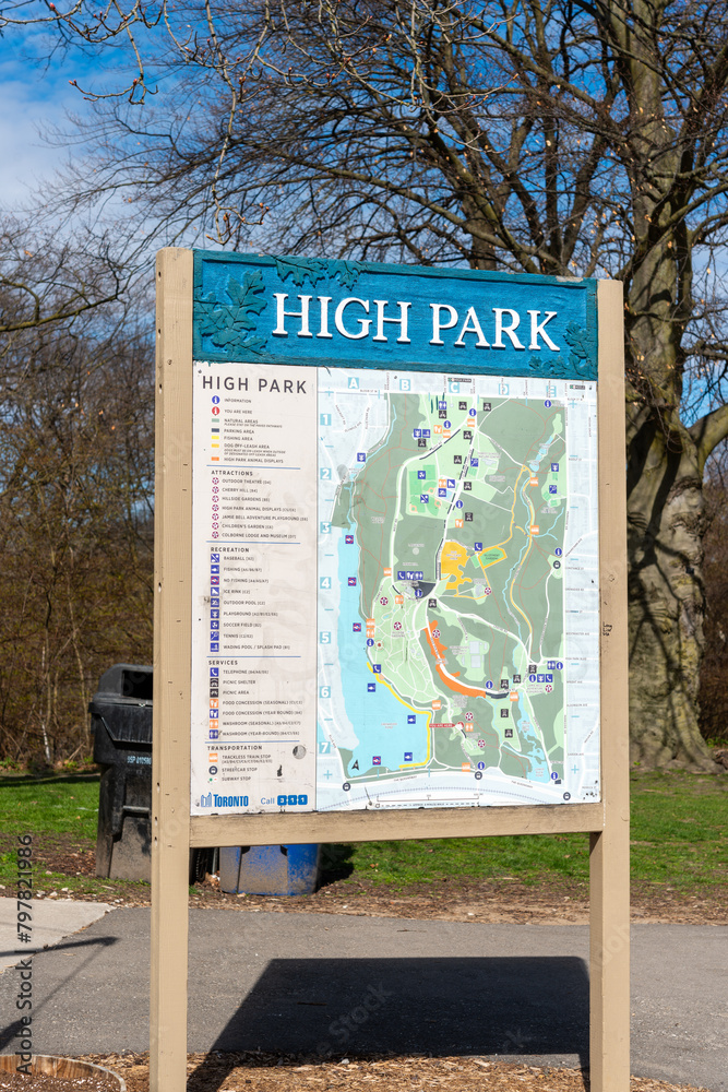 sign map and location marker in High Park (Toronto, Canada) Stock Photo ...