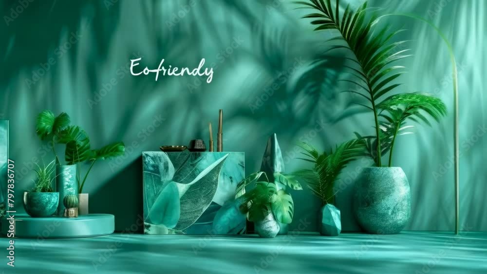 A modern, eco-friendly interior design setup featuring lush plants and ...