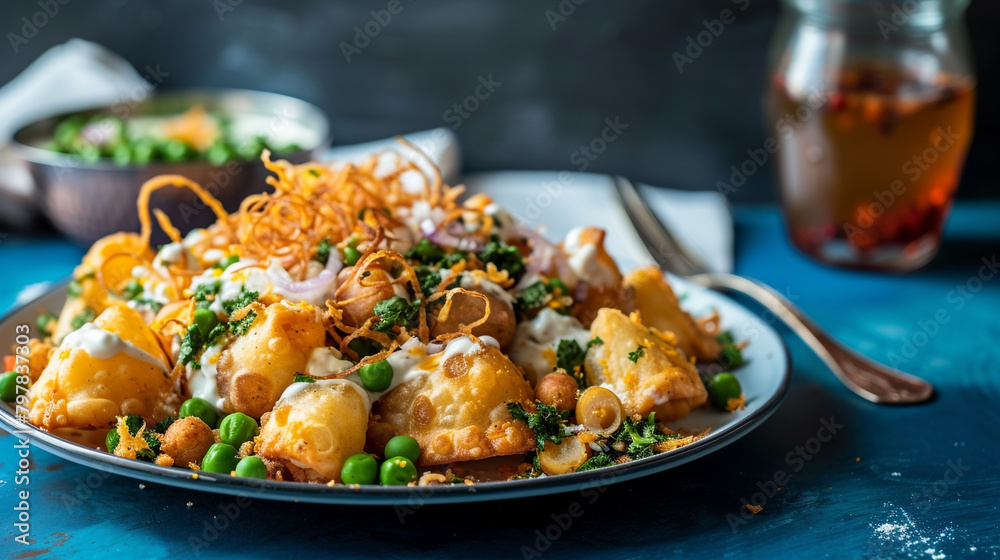 A side view of a plate of samosa chaat with deep-fried pastries filled ...