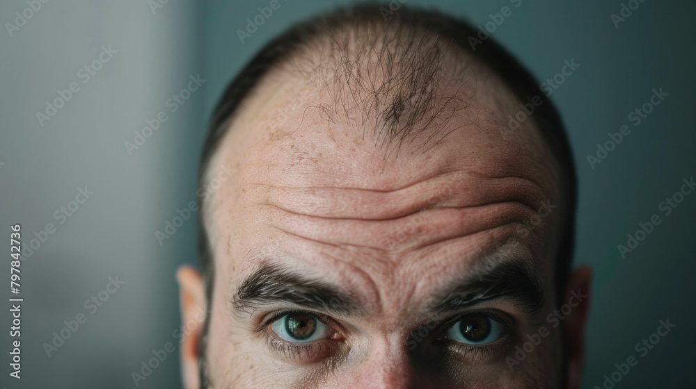 Closeup portrait of a middleaged man with tilted head and bald spot on ...