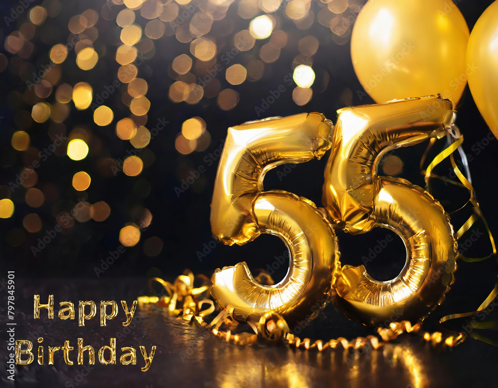 Happy Birthday text with 55 Golden number balloons and gold confetti on ...