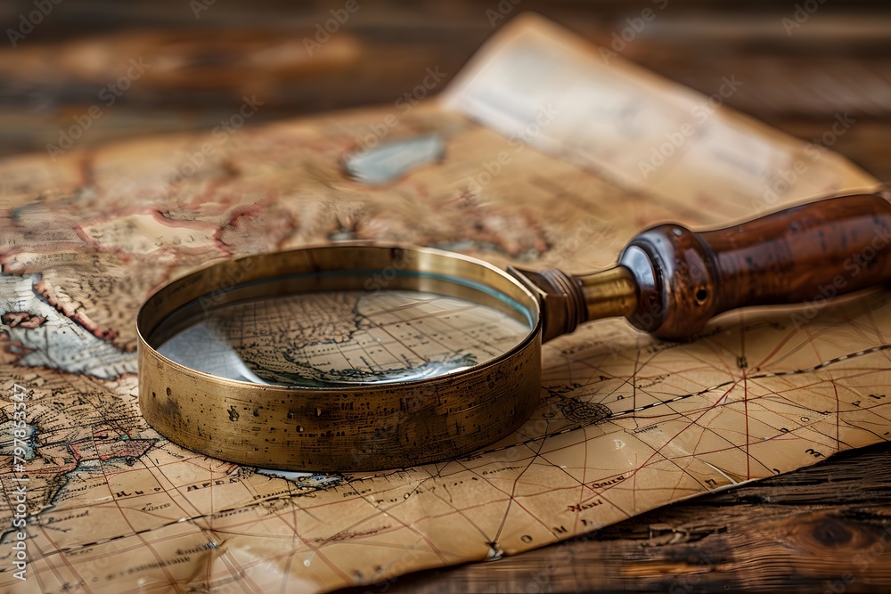 Magnifying glass and world map, geographic survey, target audience ...